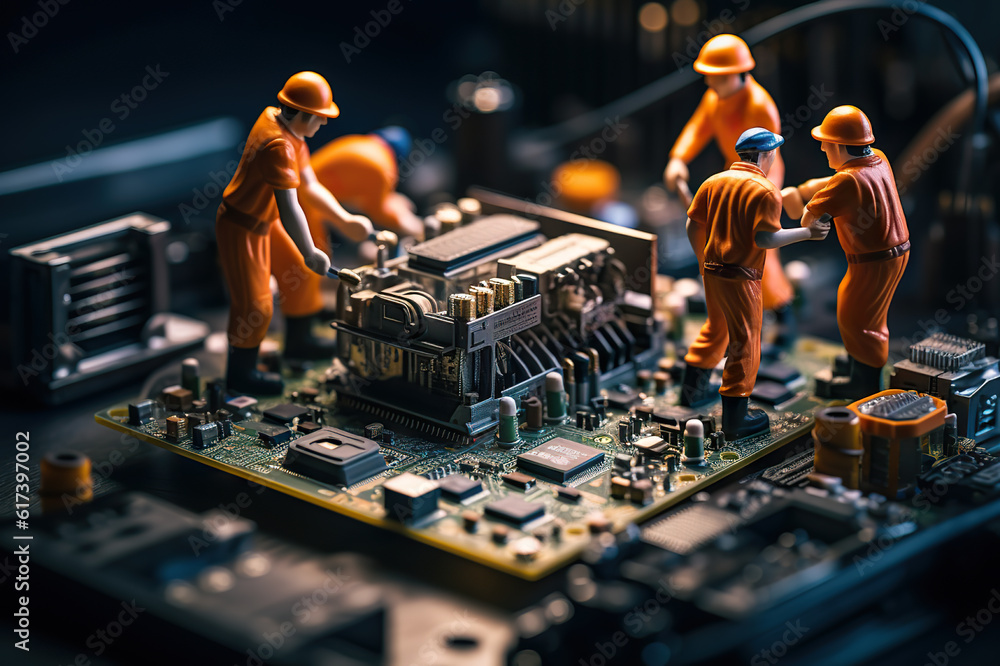 Technician Team Figurines Conducting Computer Motherboard Maintenance ...