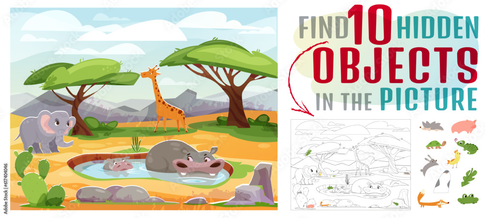 African savanna animals. Find hide fox, frog, turtle, hare and hedgehog ...