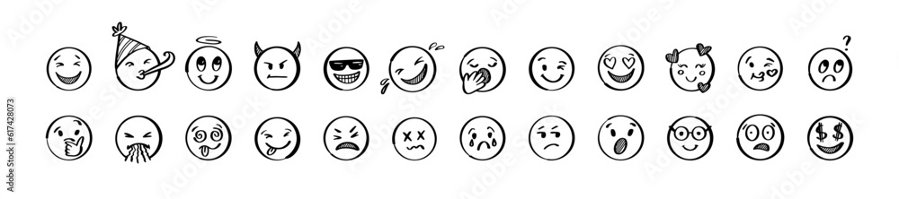 Doodle emoji set. Hand drawn sketch vector illustration. Pack of ...