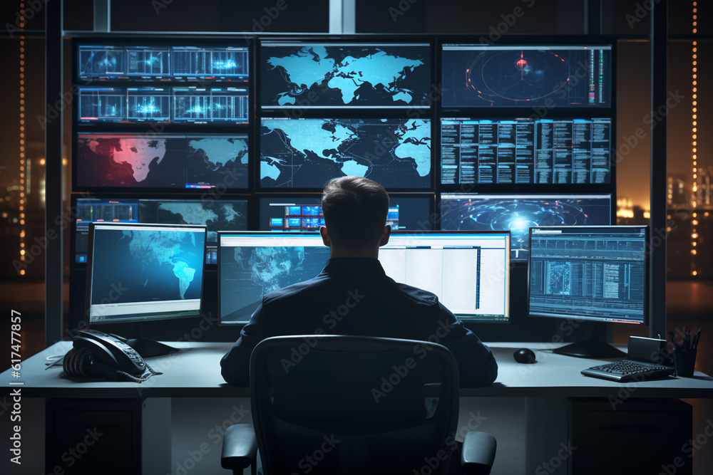 In the System Control Room Technical Operator Sits and Monitors Various ...