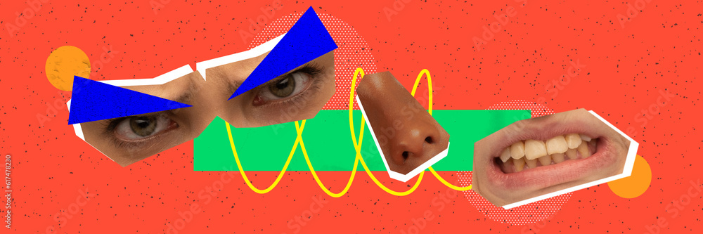 Angry. Human face, facial expression made of diverse people face parts ...