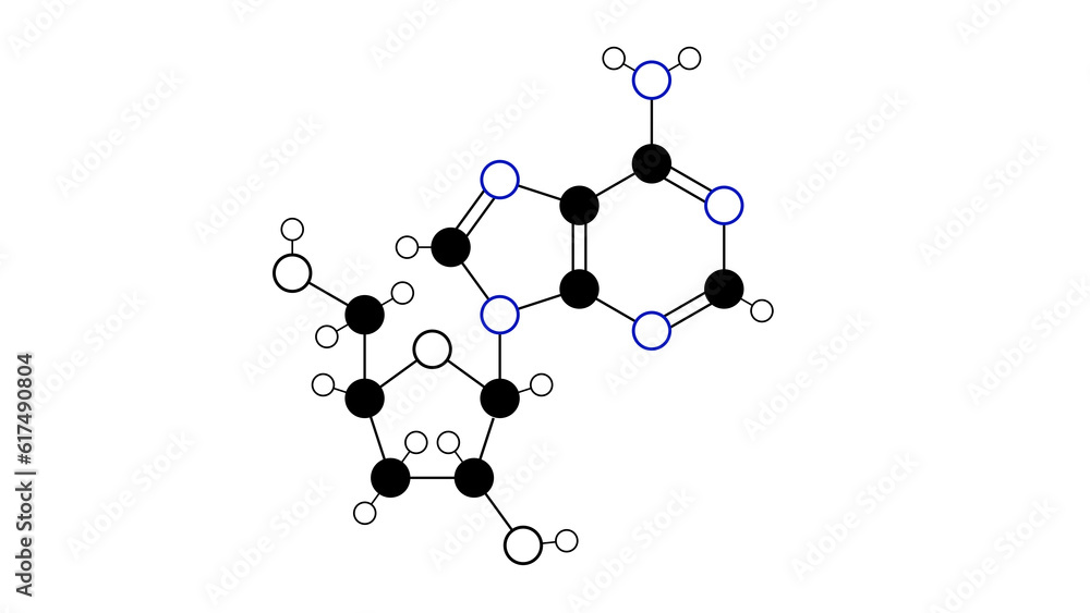 cordycepin molecule, structural chemical formula, ball-and-stick model, isolated image ...