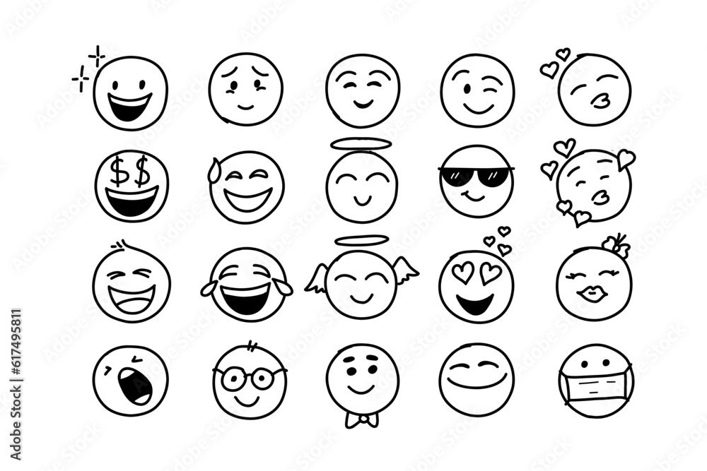Hand drawn doodle style. comic line. doodle emoji face icon set. emoji ...