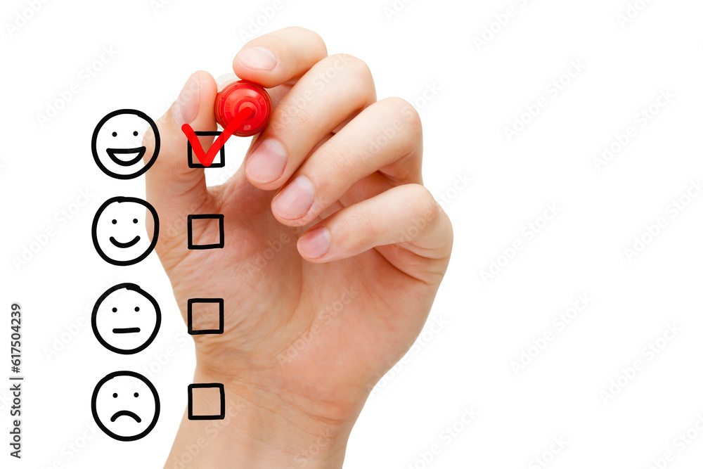Hand putting red check mark on blank awesome survey checklist next to ...