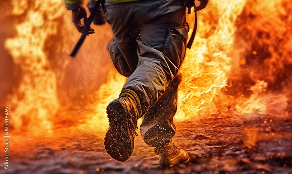 dynamic ground view perspective of a fire man running through a fire ...