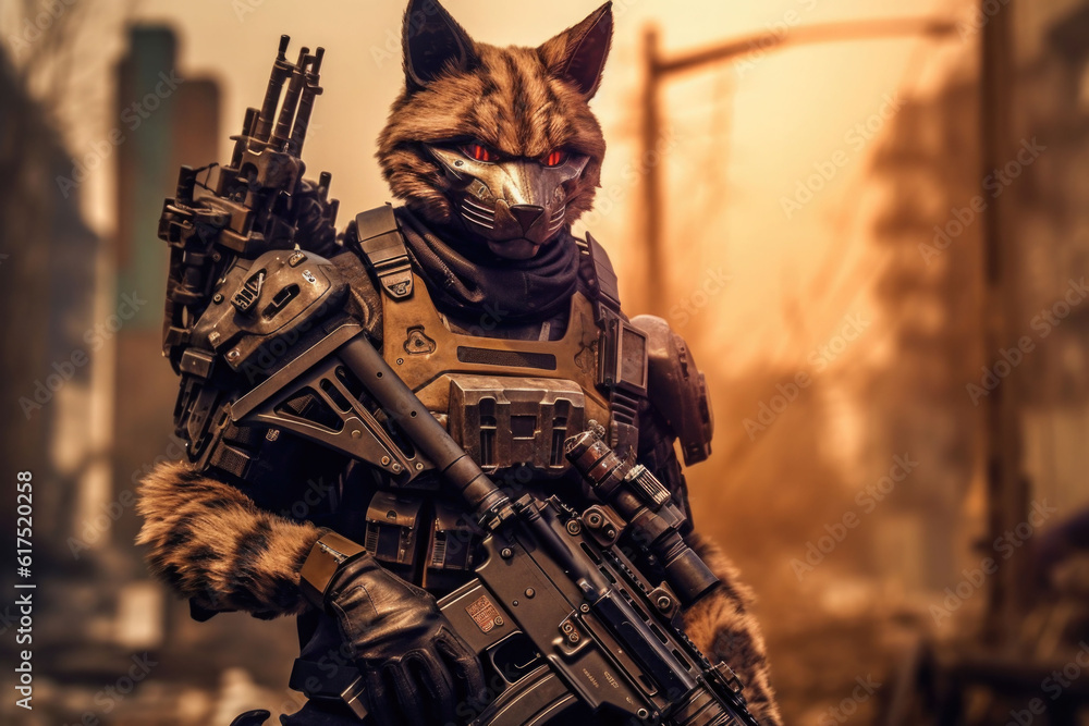 Animal in body armor and with a machine gun. Beast in an armor with ...