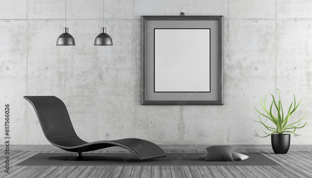 Minimalist living with black chaise lounge, empty frame and concrete ...