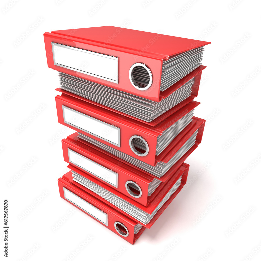 Batch of binders, red office folders. 3D render illustration isolated ...