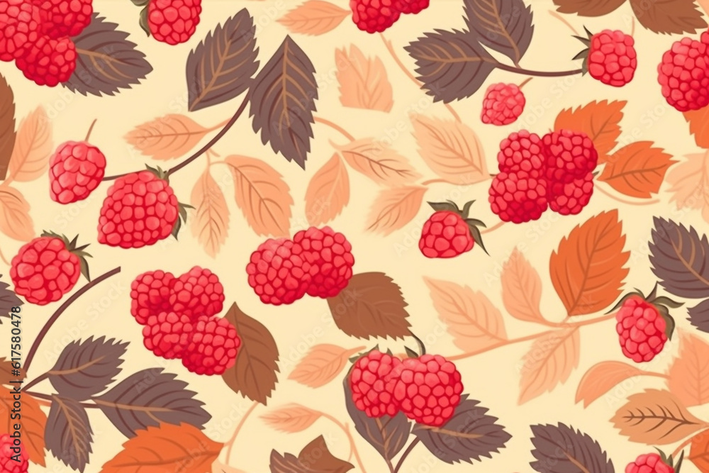 Raspberry and leaves pattern, in the style of anime aesthetic, clean ...