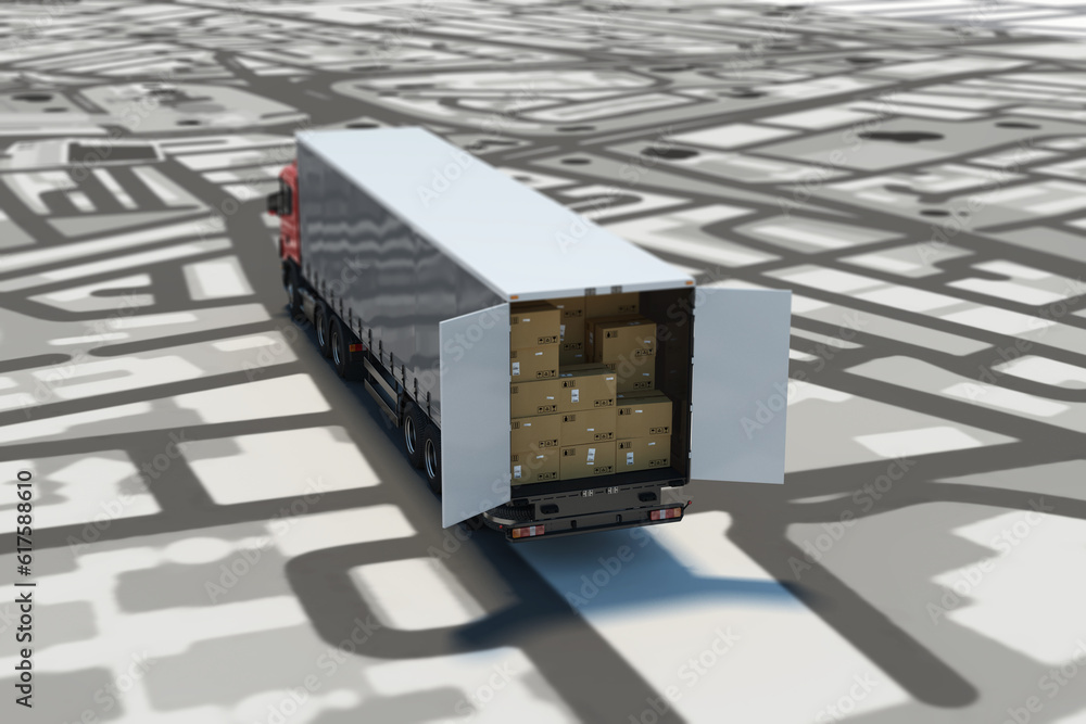 Image of map of streets with truck loaded stack of packed boxes. 3D ...