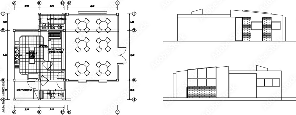 Vector sketch of a simple modern minimalist cafe restaurant ...