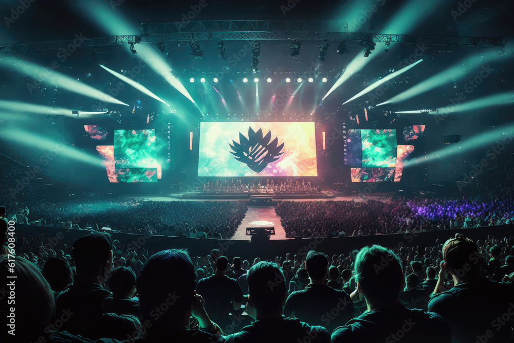 esports arena, filled with cheering fans and colorful LED lights ...