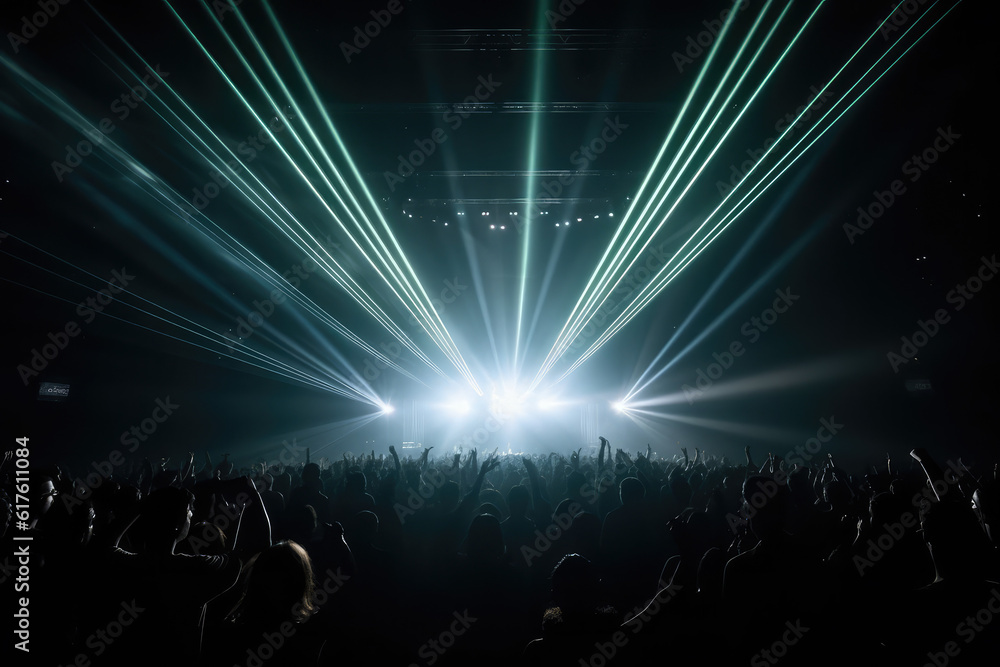 Panorama live music concert crowd and audience with beams light show ...