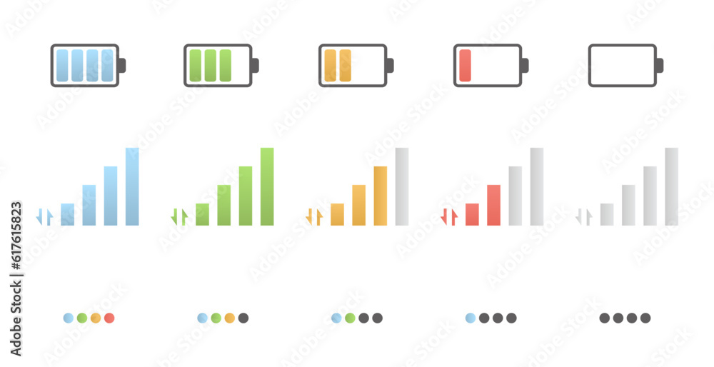 Mobile phone system icons vector set. Phone signal strength, battery ...