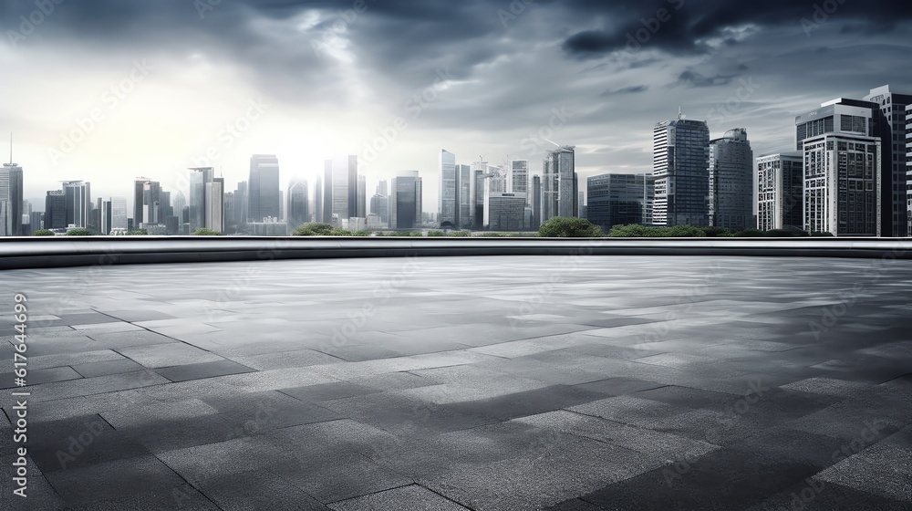 Concrete road with city skyline commercial building background ...