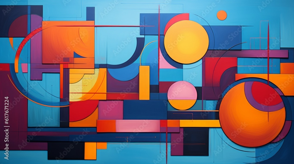 A 2D abstract artwork using geometric shapes and vibrant colors to ...