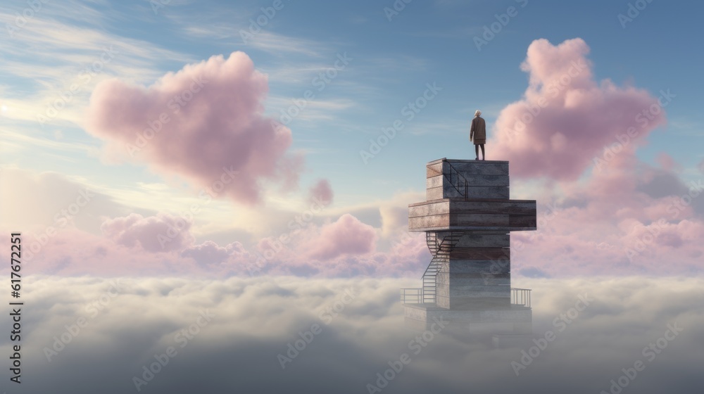 A 3D composition depicting an older person standing atop a tall ...