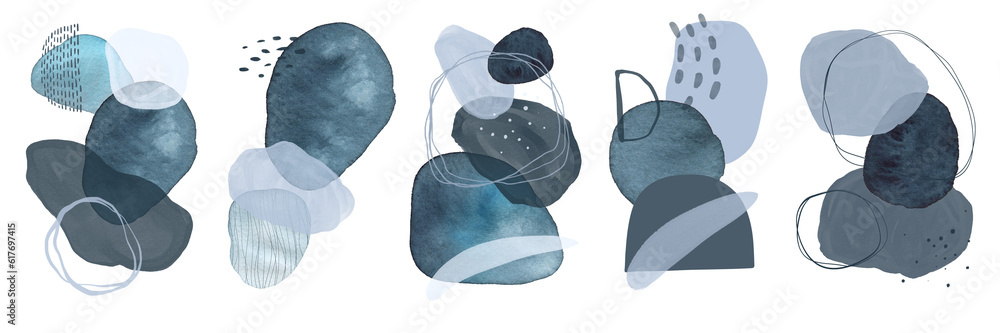 Collection of modern blue abstract hand drawn art. Watercolor spots ...