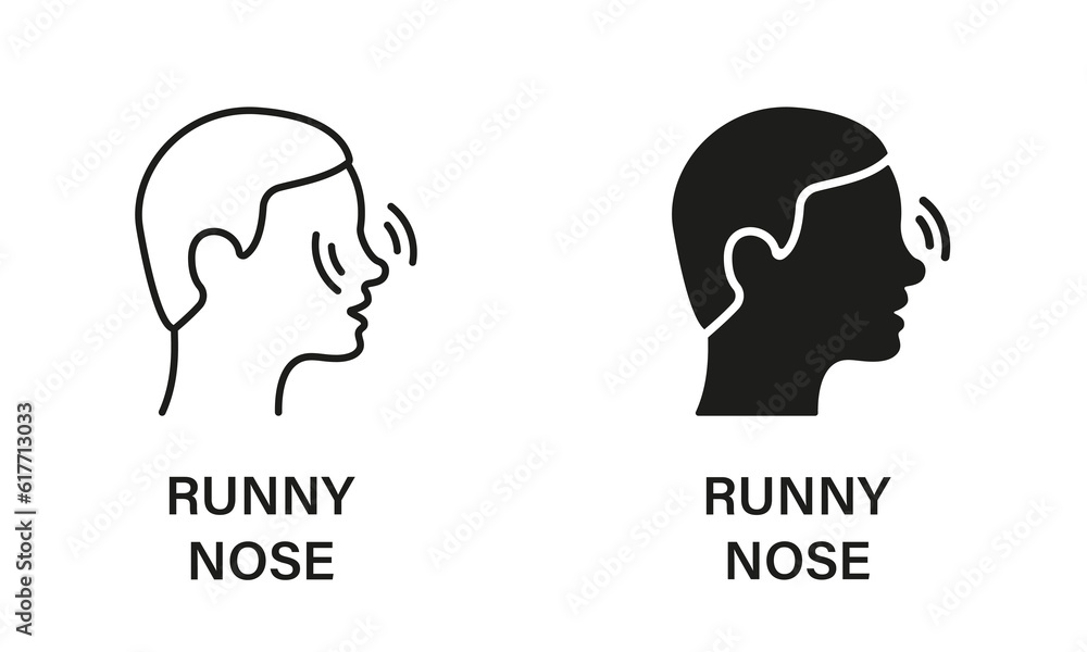 Runny Nose Line and Silhouette Icon Set. Nose Pain, Itch, Inflammation ...