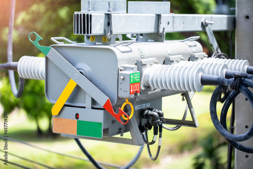 High voltage switch box on electric tower in Thailand. Remote control ...