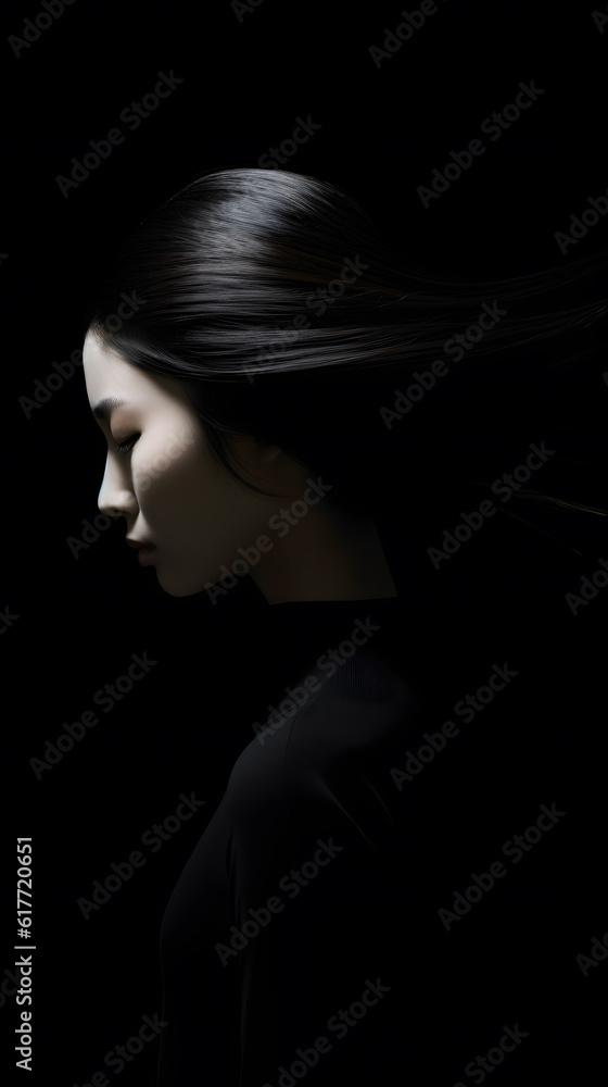 japanese minimalism, Close up half profile shot in the darkness with ...