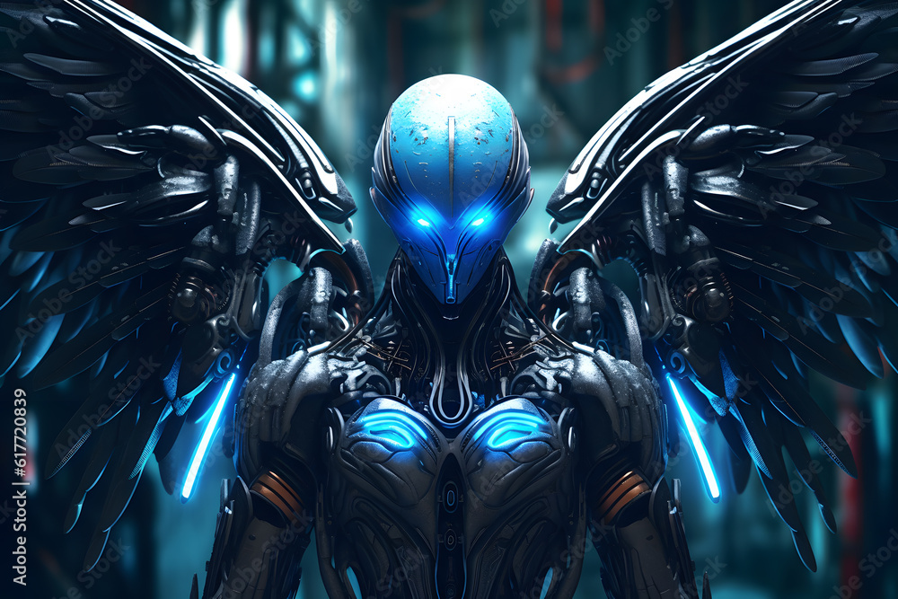 Stock-Illustration „Cyborg robotic angel in menacing pose metallic neon ...