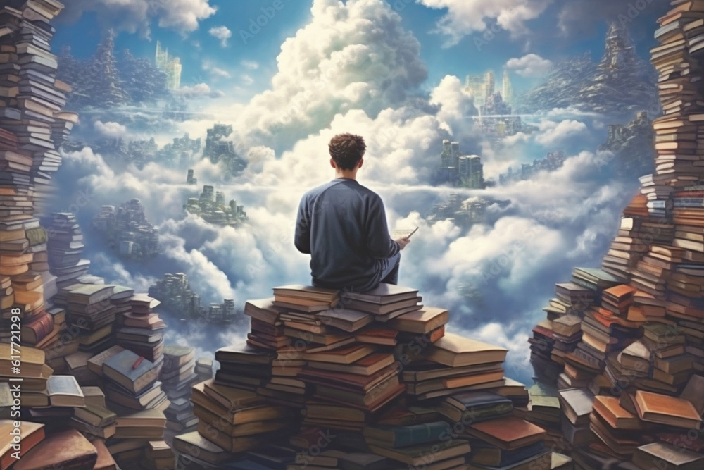 young guy among books and clouds, the world of dreams, reading ...