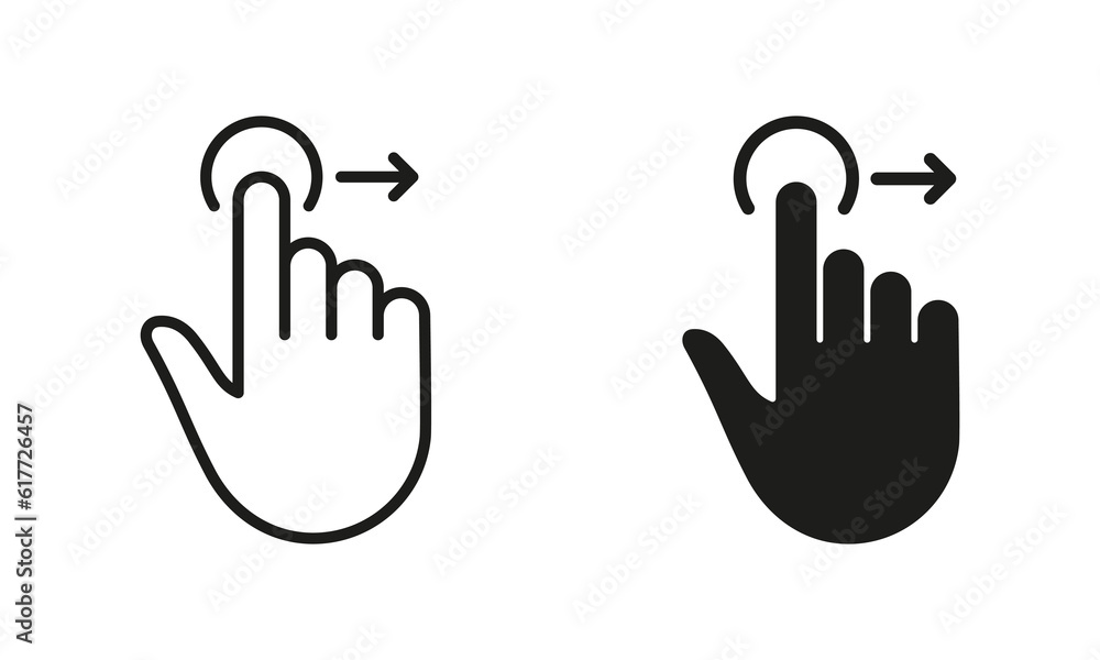 Drag Right, Hand Finger Gesture Swipe Line and Silhouette Icon Set ...