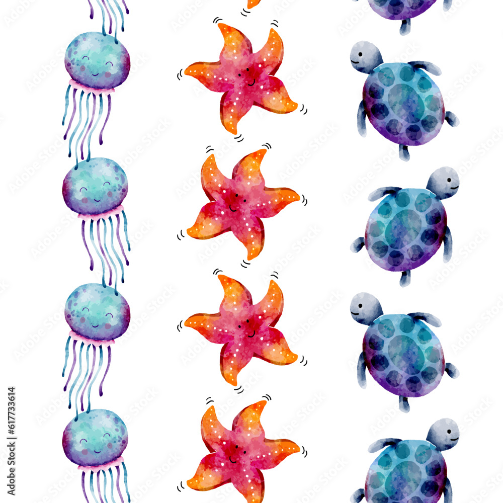 Watercolor Vector Sea Animals Vertical Seamless Borders Set Stock ...