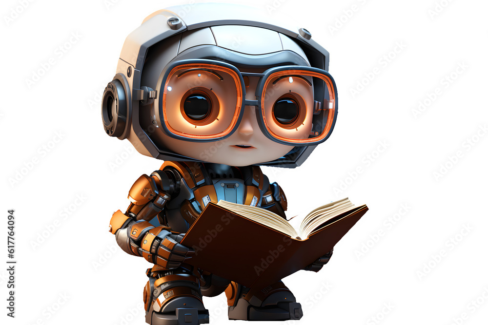 Cute robot reading a book, cartoon style, isolated on white background ...