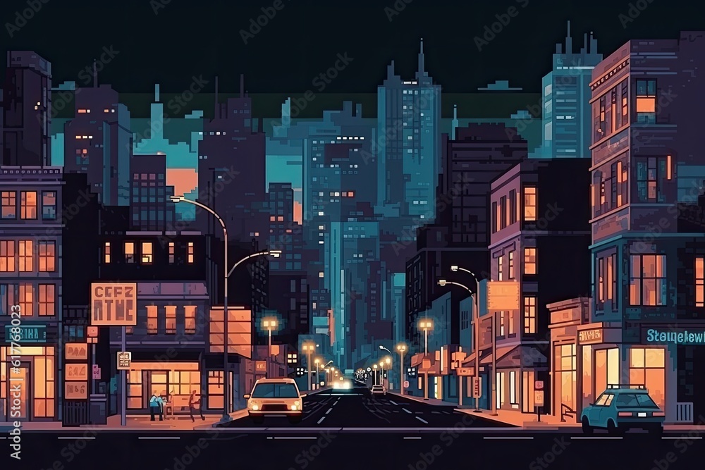Street of modern night city, pixel art illustration. Stock Illustration ...