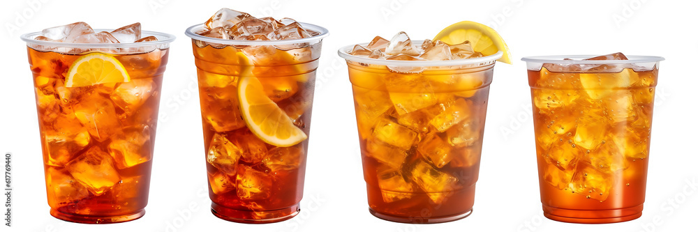Ice tea on plastic cup with lemon, side view with transparent ...