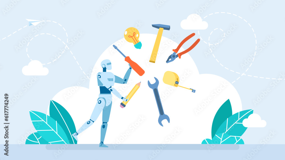 Vector de Stock The robot juggles many tools at once. The success of Artificial Intelligence in ...