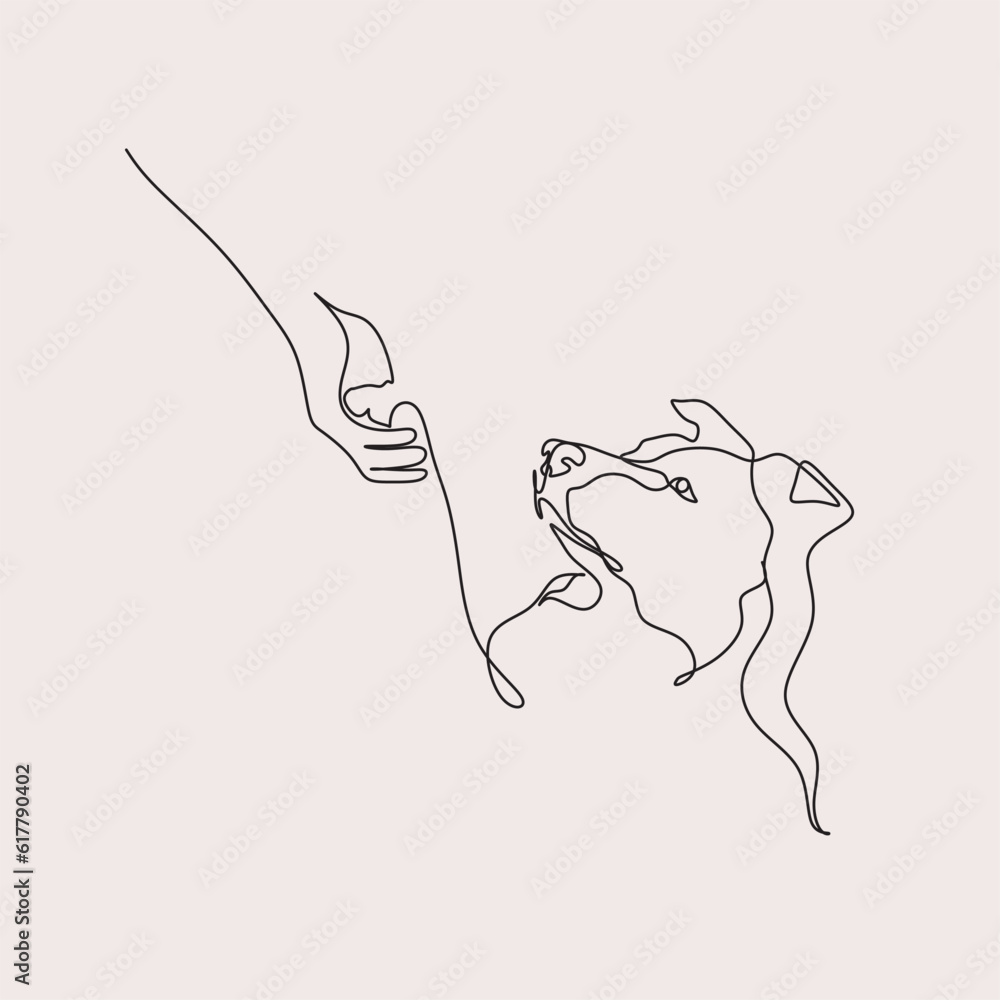 Vector illustration line art girl and dog hugging together. Friendship ...