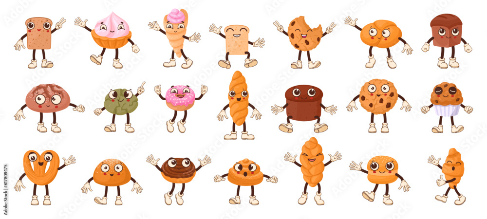 Cartoon bread characters. Pastry comic mascots, cute baguette ...