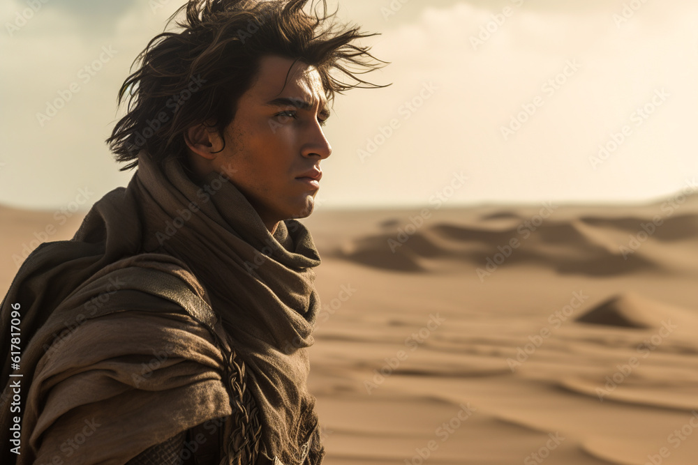 Generative AI illustration side view of male in cloak wandering in ...