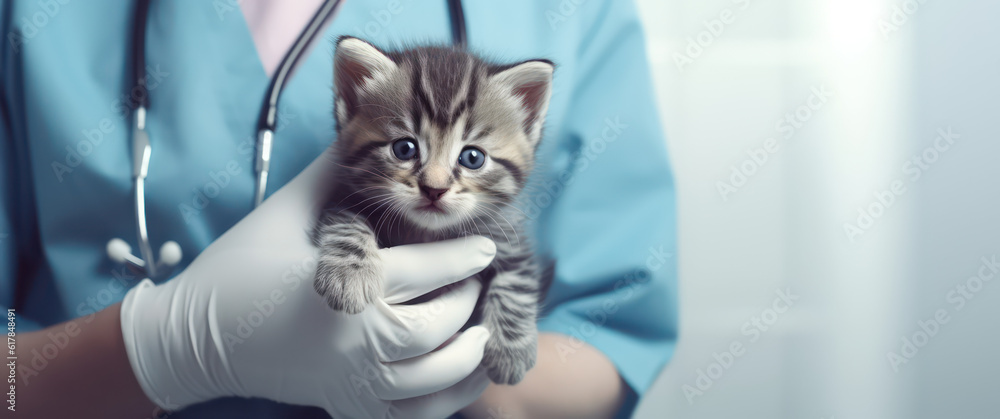 Little fluffy kitten in hands of veterinarian doctor in medical white ...