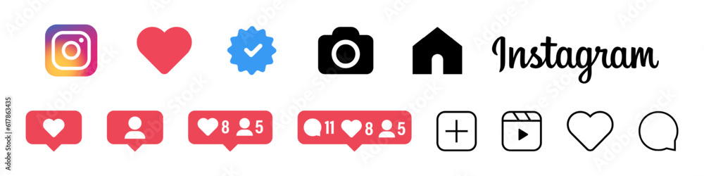 Instagram logotype icon and buttons set. Instagram logo, likes, camera ...