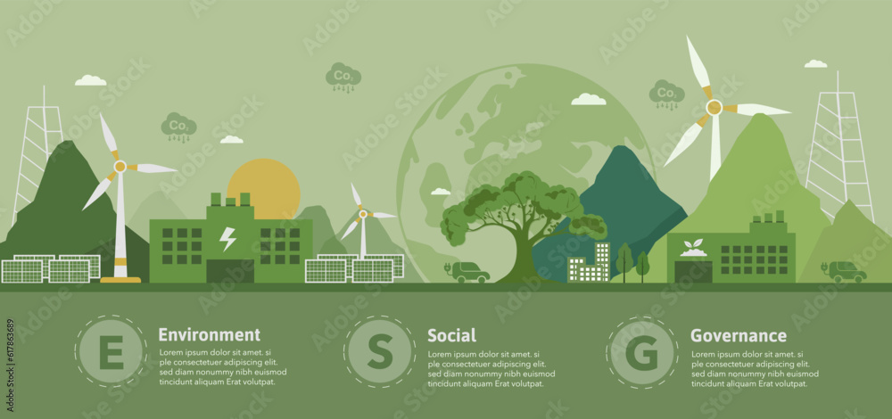 Sustainable vector illustration.ESG green energy. Sustainable industry ...