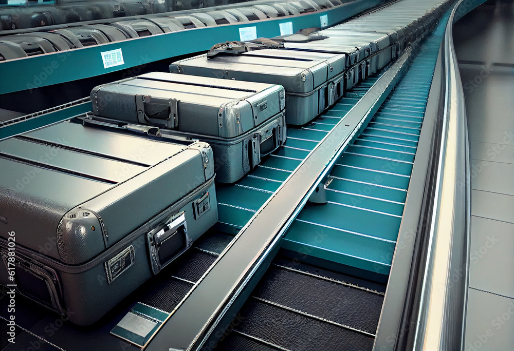 Conveyor for baggage in a multi-storey airport terminal. Suitcases and ...