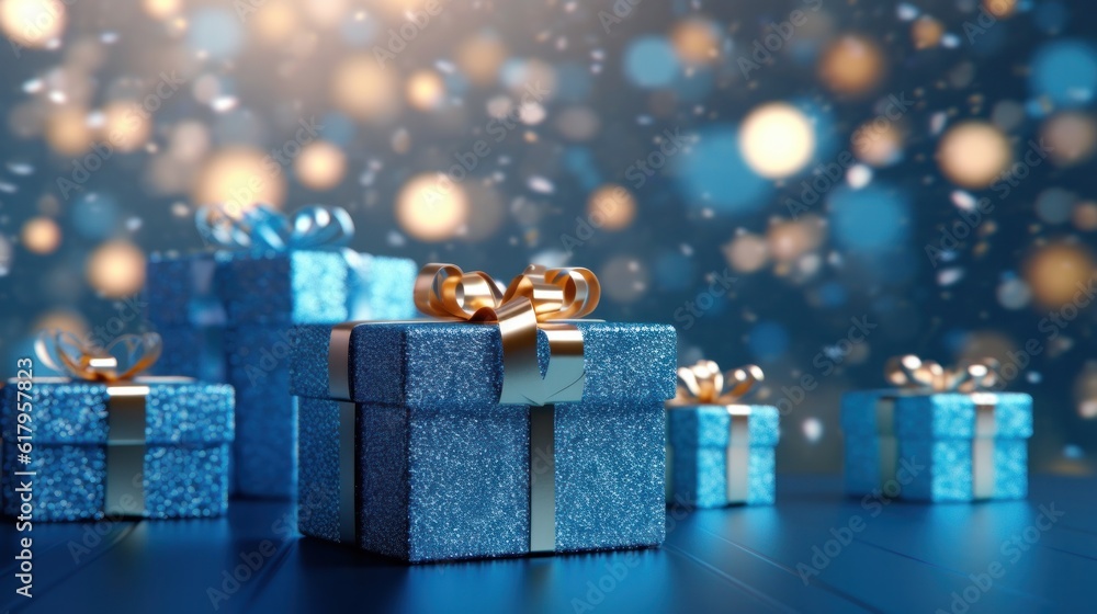 Festive background, sparkling blue gift boxes, blue gold gradient ...