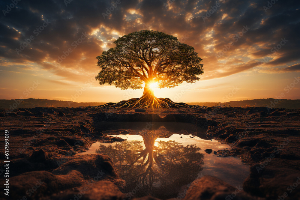 a tree with deep roots firmly planted in the ground, reaching upward ...