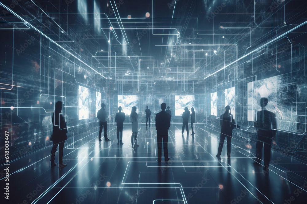Group of business people engaged in a discussion in a modern data ...