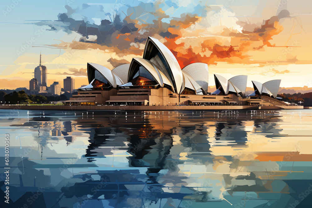 A minimalist graphic design of the Sydney Opera House, featuring clean ...