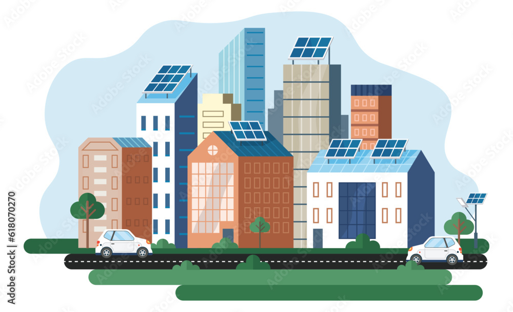 Renewable electric solar power plant station. Modern big town ...