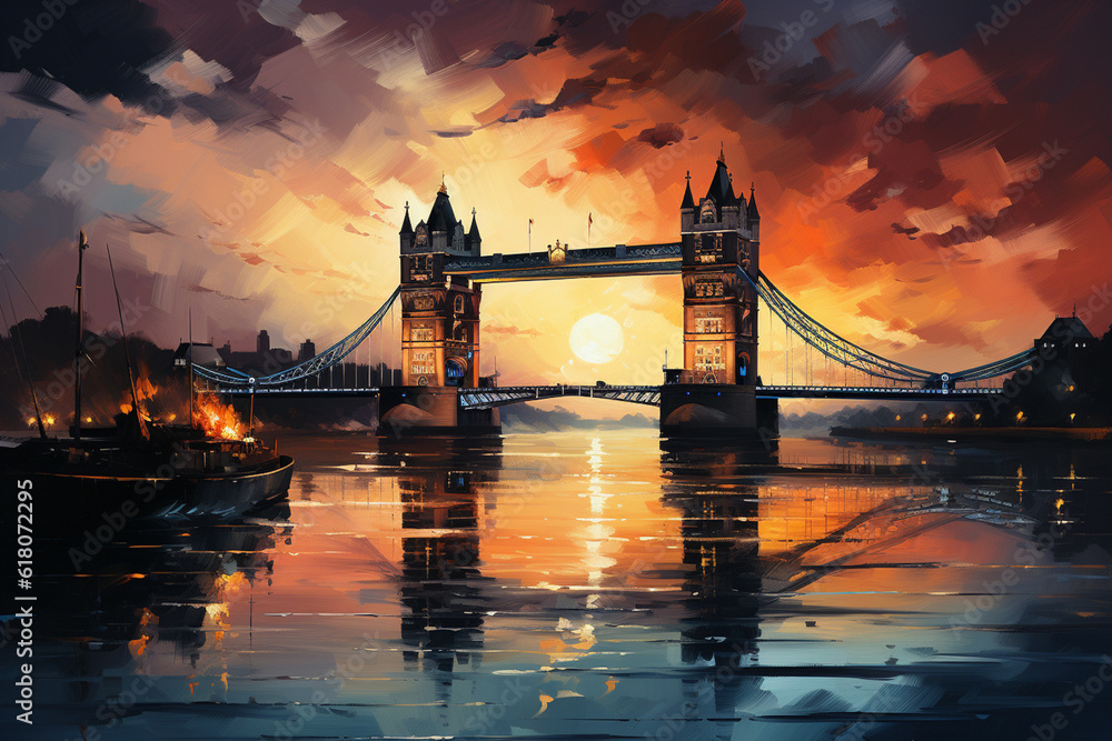 Tower Bridge, utilizing soft brushstrokes, subtle gradients, and a ...