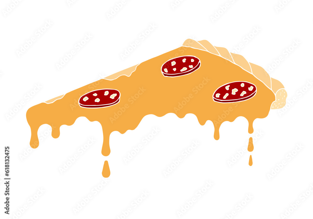 A piece of pizza with sausage and cheese, melted cheese cheese flowing ...