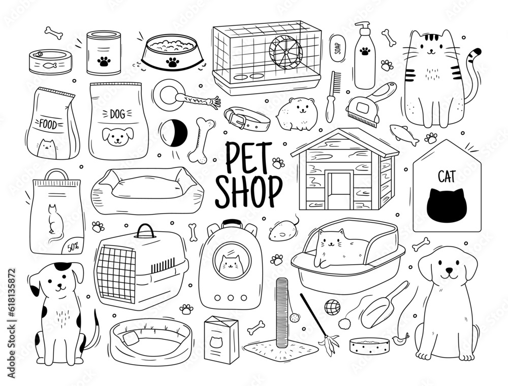 Set of hand drawn pet shop doodle illustrations. Outline drawings of ...