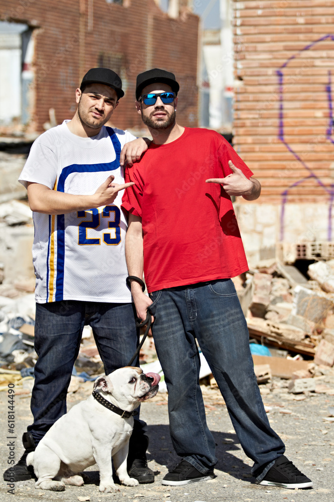 Portrait, gang and dog with man friends and their pet outdoor in a ...