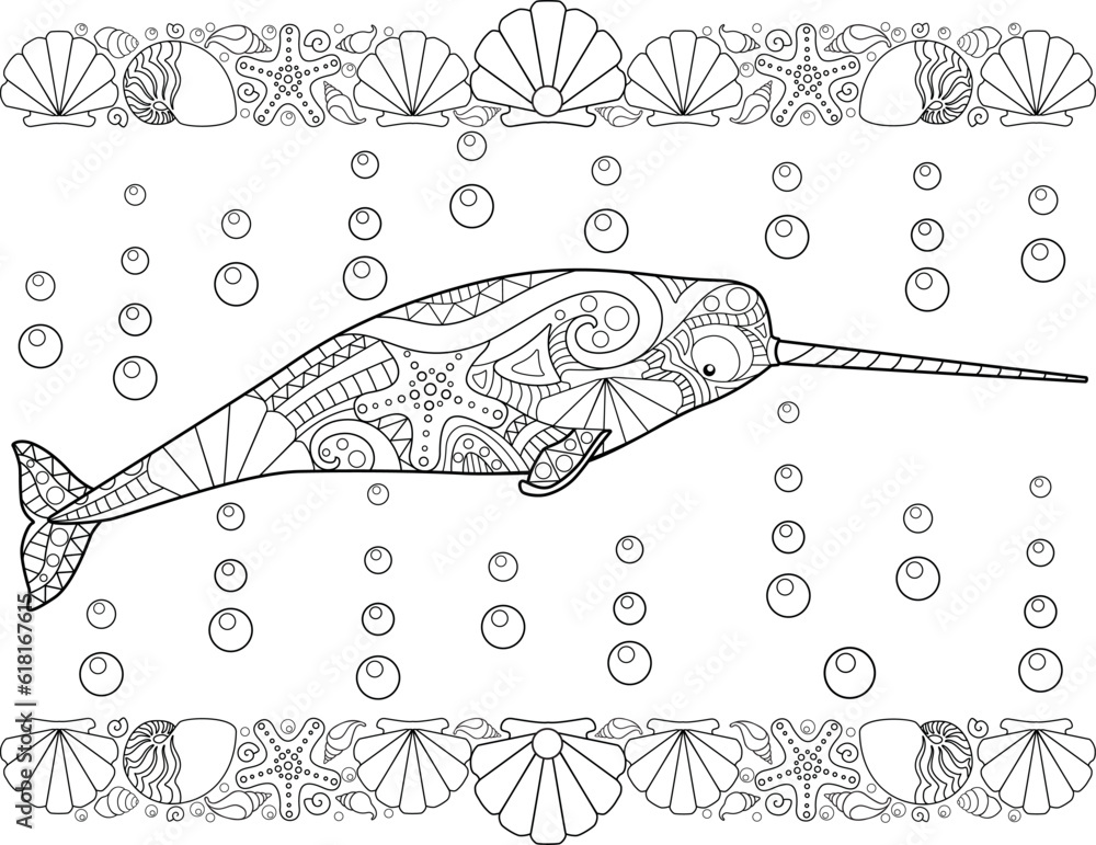 Narwhal with shell borders - vector linear picture for coloring ...